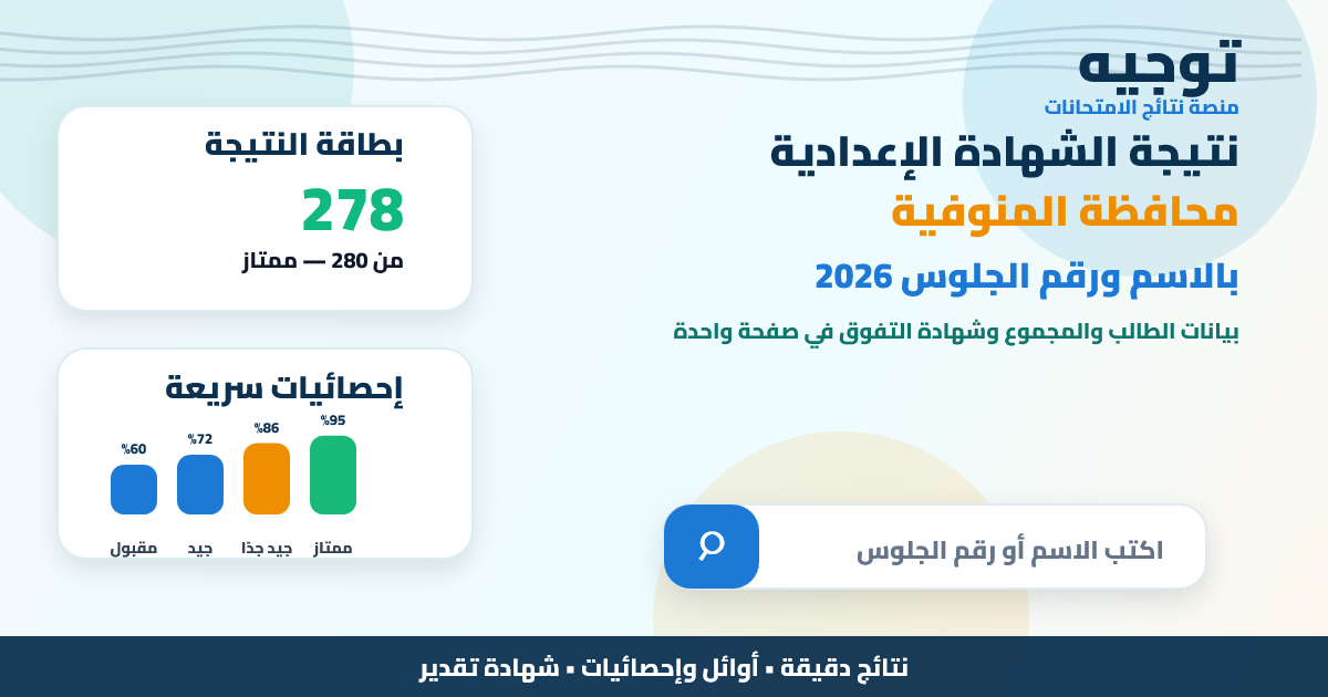 نتيجة الشهادة الإعدادية محافظة المنوفية 2026 بالاسم ورقم الجلوس